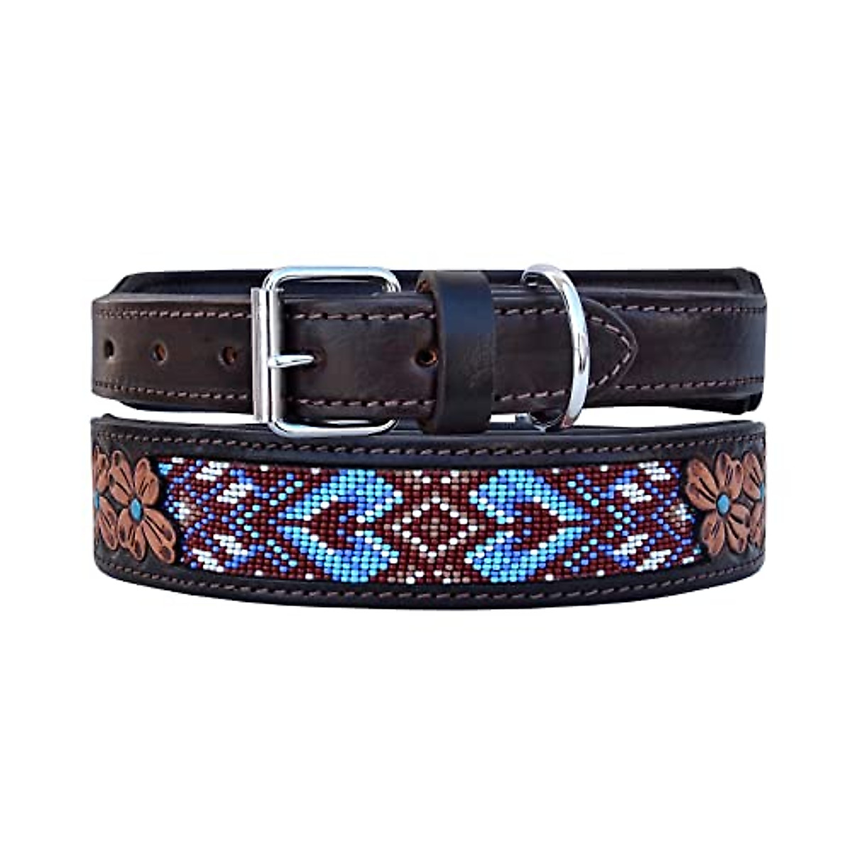 Leather Dog Collar Extra Small Size Western Style Heavy Duty Hand Tooled Adjustable Beaded and Padded Soft for Puppies and Big Dogs 10AB032-XS