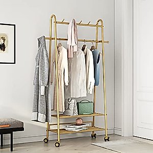TIEOU Rolling Gold Clothing Rack, Gold Clothes Rack Heavy Duty, Clothing Rack for Hanging Clothes, Modern Clothing Rack, Coat Rack Stand, Gold Clothing Rack, Garment Rack, Pipe Clothing Rack, Gold