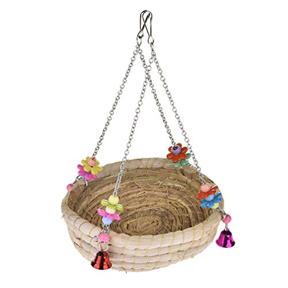 Woven Straw Nest Bed Large Bird Swing Toy with Bell for Parrot Cockatiel Parakeet African Grey Cockatoo Macaw Amazon Conure Budgie Canary Lovebird Finch Hamster Chinchilla Cage Perch