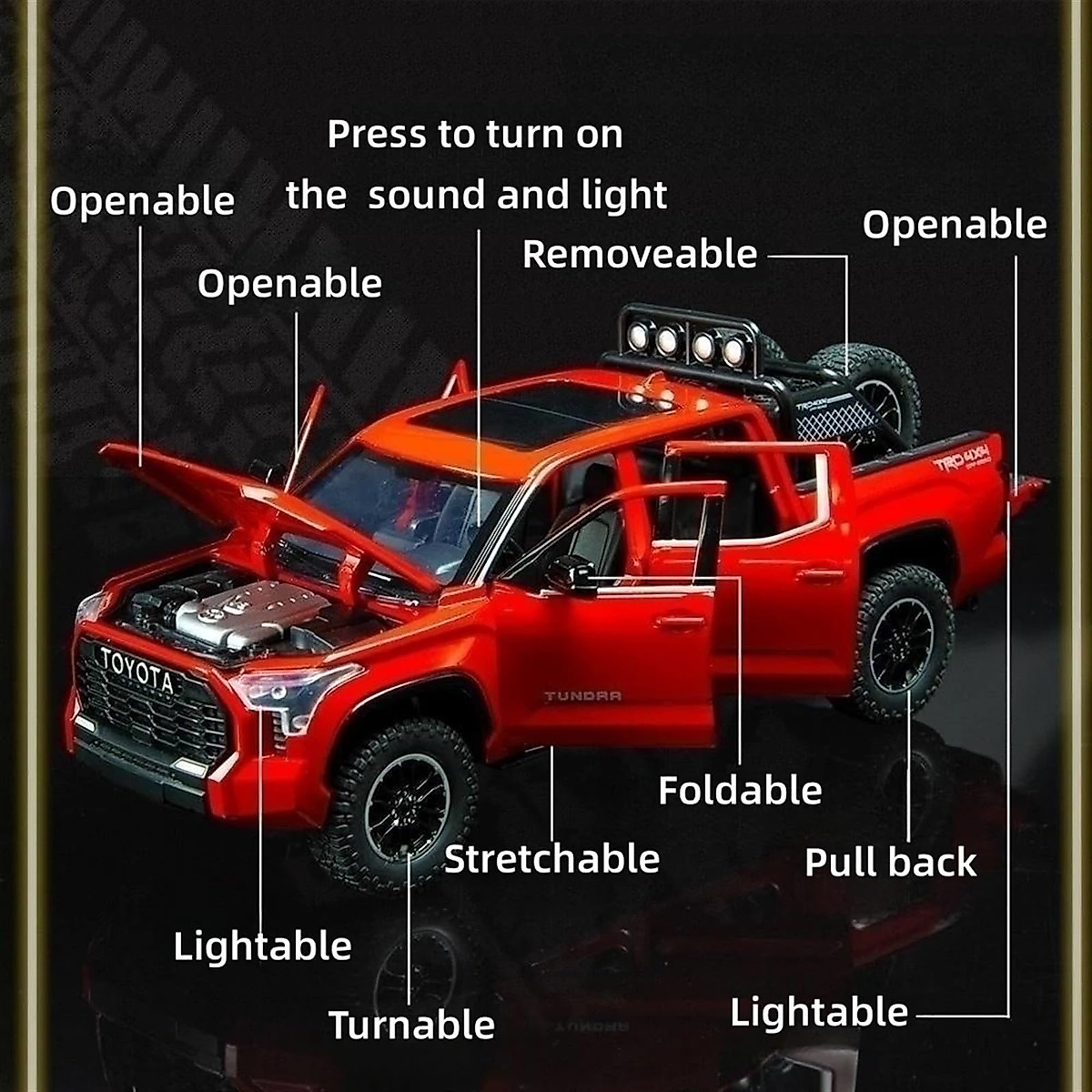 VIOLK 1/24 Suitable for Toyota Tundra TRD Model Pickup Truck Off-Road die-cast Alloy Miniature Toy car Pull-Back Sound and Light Series Men's Gift (Color : Red)