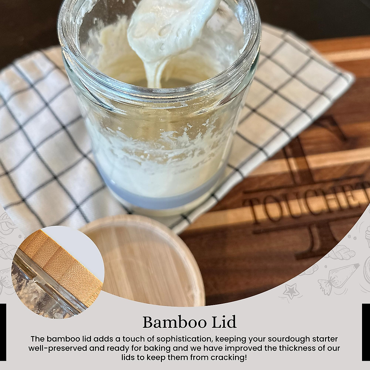 Touchet Heritage Sourdough Starter Jar (32oz) | Sourdough Starter Kit | Thick, Durable Glass w/Bamboo Lid | 6.5” x 4" | Wide Mouth Glass Jar for Sourdough with Wooden Spoon & Silicone Measuring Band