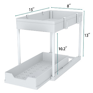 DEKAVA Cabinet, 2 Pack Under Sink Organizer, 2 Tier Sliding Bathroom Kitchen Organizer, Large White ABS Baskets, Easy Install & Clean