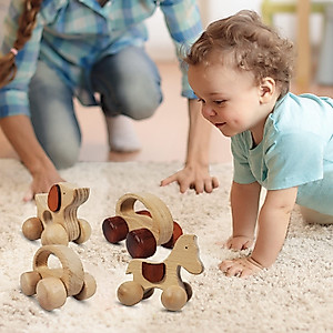 TEKOR Wooden Animal Push Toy with Wheels | Baby & Toddler | Grasping & Teething | Natural Organic Beech Wood | Develops Fine Motor Skill | Coordination | Smooth No Rough Edges | (Package of 4 Toys)