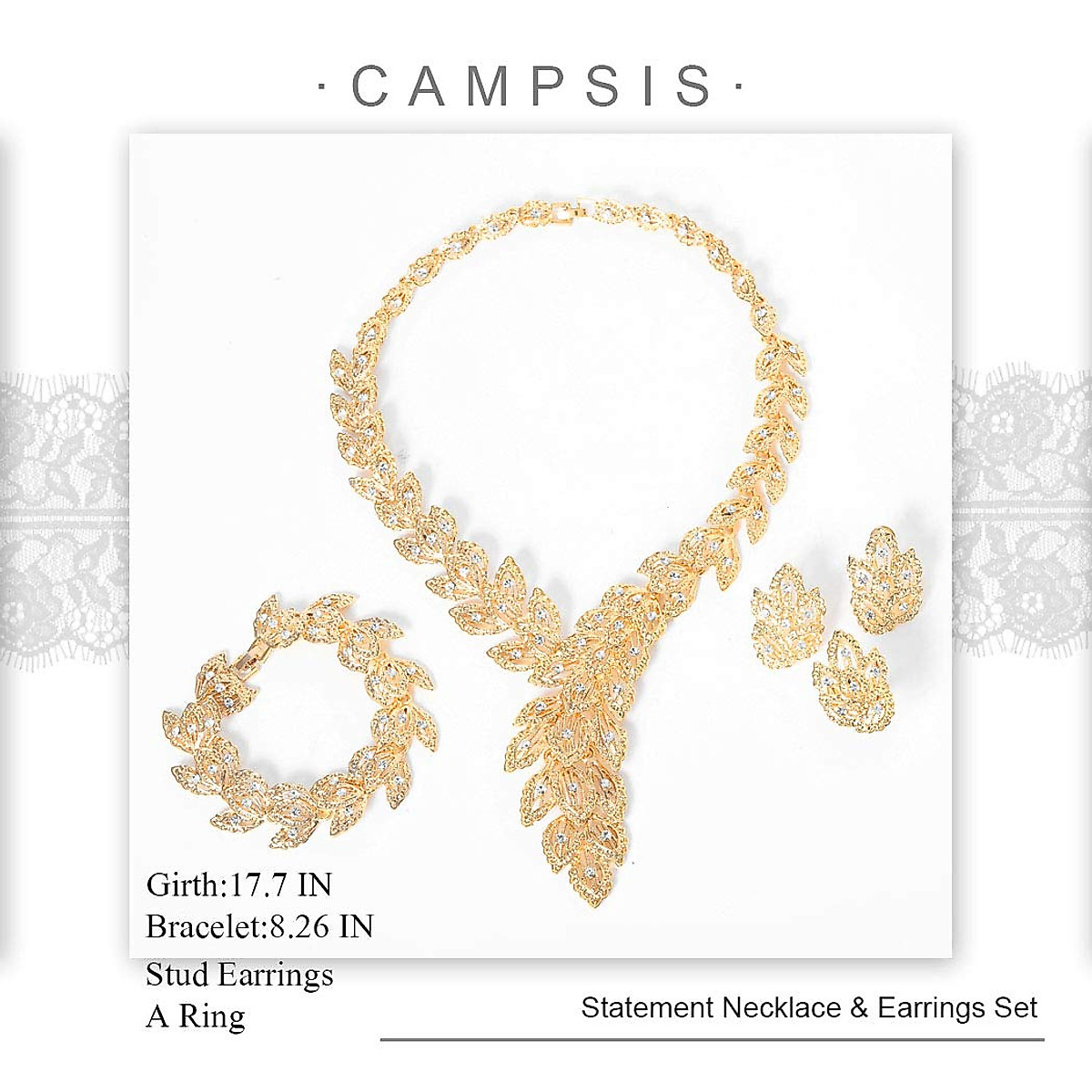 Campsis Crystal Necklace Gold Bib Style Necklace Bridal Earrings Bracelet Ring Jewelry Set Wedding Prom Costume Accessories Women and Ladies