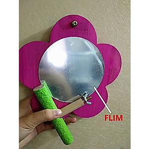 Bird Parrot Mirror Toy with Perch Cage Standing Accessories Parrot Parakeet Budgies Cockatiel Conure Finch Lovebird African Grey Macaw Amazon Cockatoo Birdcage Wood Perch(Color Random) (Flower Shape)