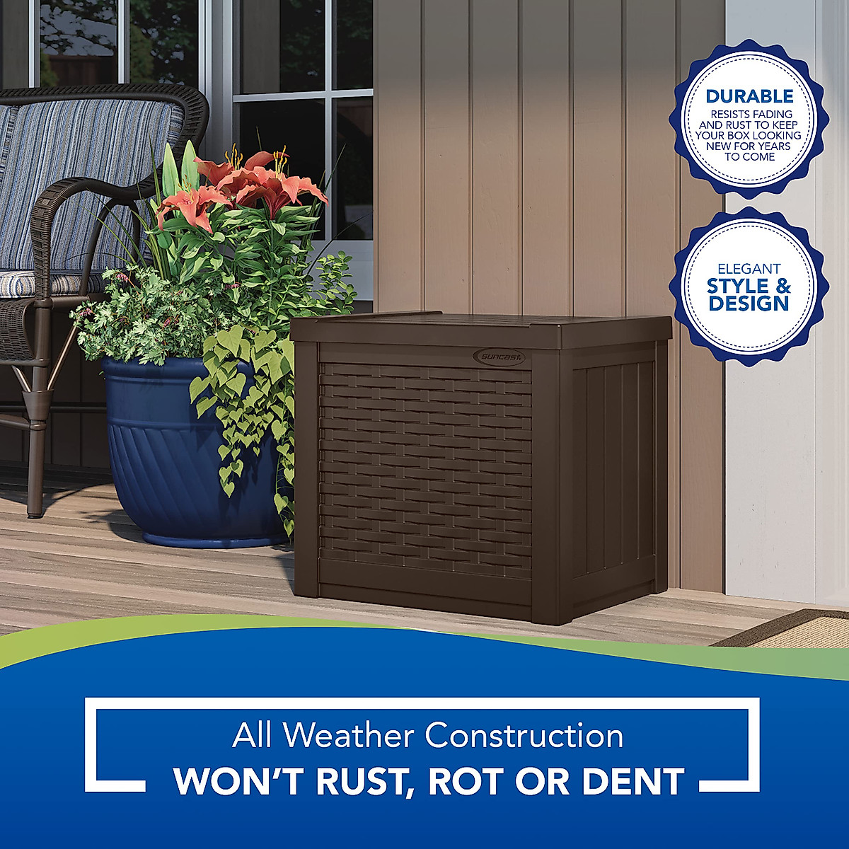 Suncast Wicker Resin Garden Fence Bundle (4 Panels) + Deck Box for Storage