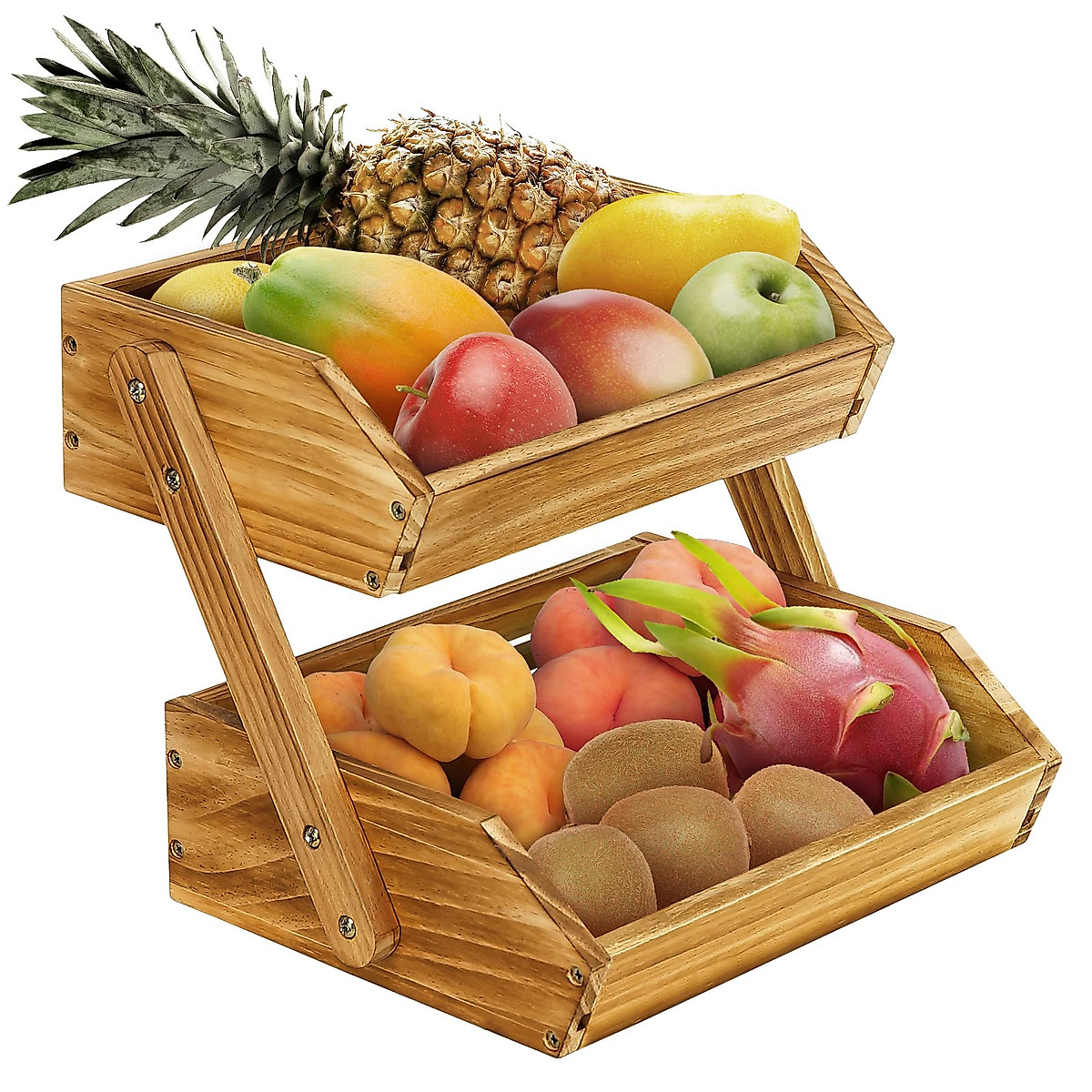 G.a HOMEFAVOR Fruit Basket: 2-Tier Pine Wood Fruit Bowl for Kitchen, Fruit Stand Storage Holder for Vegetables and Snack Home Kitchen Countertop Organizer (Self-assembly)