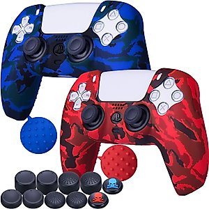 9CDeer 2 Pieces of Silicone Transfer Print Protective Cover Skin +10 Thumb Grips for PS5 Controller paint Red & Blue