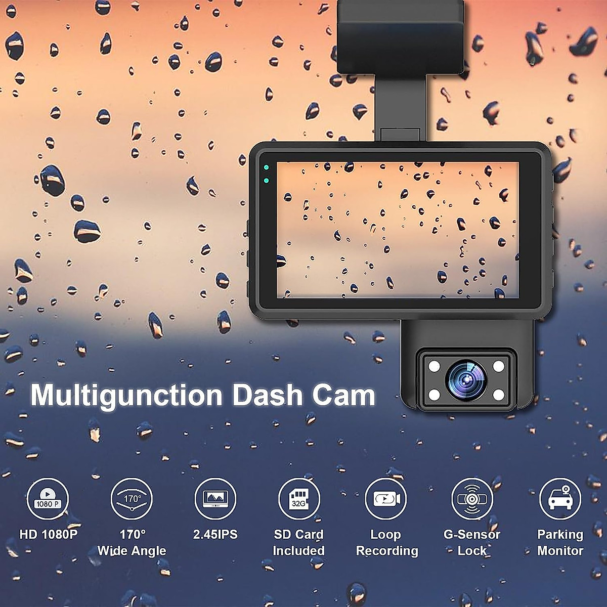 Dash Cam for Cars, 1080P Full HD DVR Dash Camera Front Rear/Inside, 3.0 Inch IPS Screen Dashboard Dashcam with 170° Wide Angle, Night Vision, Parking Mode, G-Sensor, Loop Recording