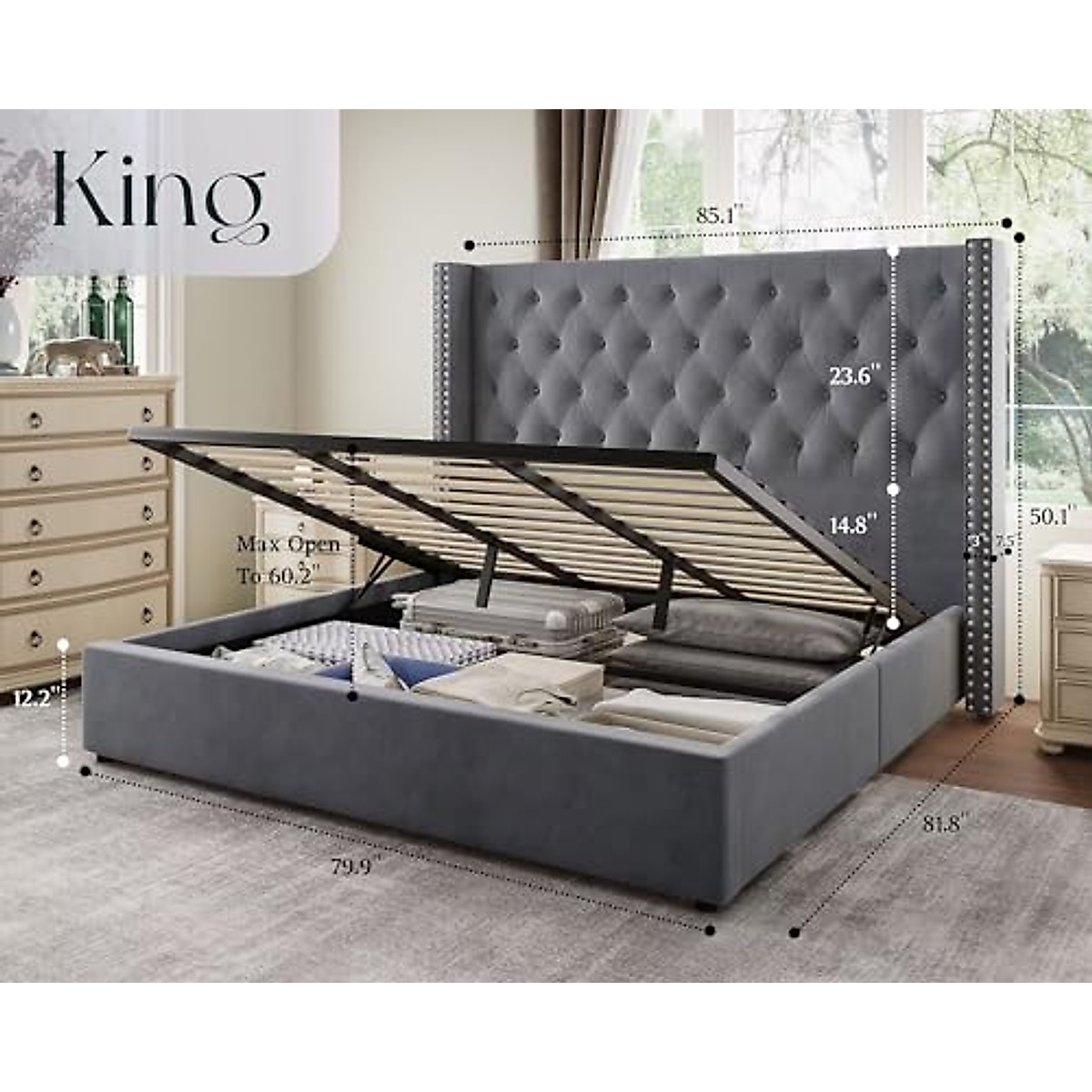 Jocisland King Size Lift Up Storage Bed, Upholstered Platform Bed Frame and Velvet Button Tufted Headboard with Wingback, Hydraulic Storage, No Box Spring Needed, Easy Assembly, Gray