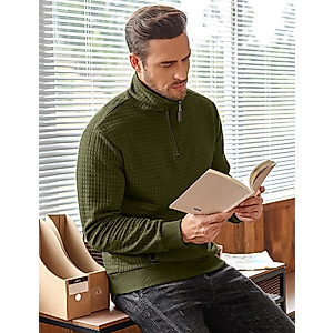COOFANDY Mens Quarter Zip Sweatshirt Long Sleeve Casual Waffle Pullover Sweatshirt with Pocket Army Green