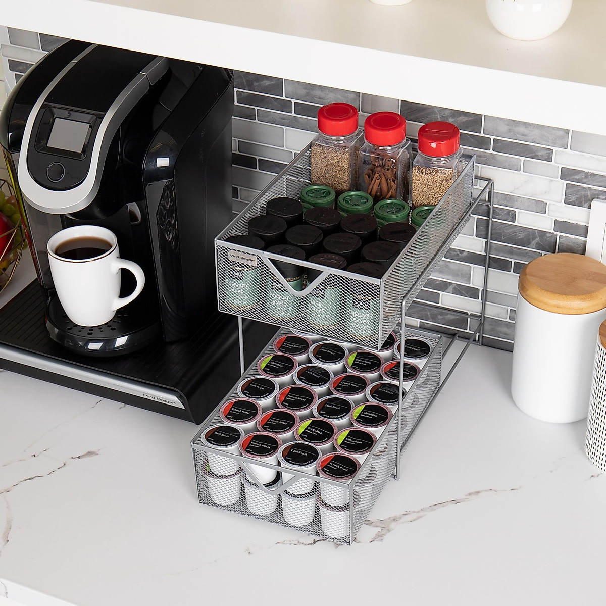 Mind Reader Network Collection, 2-Tier Sliding Basket Storage Kitchen, Desk, Makeup, Cabinet Organizer, Metal Mesh, Set of 2, 2-Pack, Silver