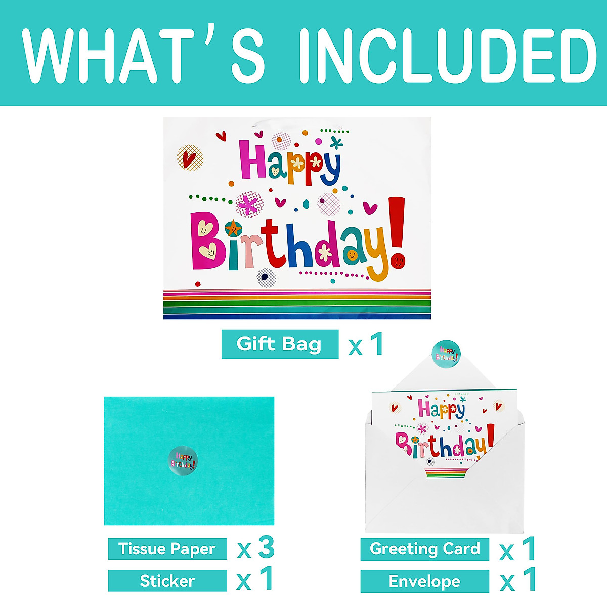 Qirrmiy 16.5” Extra Large Gift Bag Set with Greeting Card and Green Tissue Paper(Cute ‘Happy Birthday’) for Baby Shower,Kids Birthday Party,Men and Women, Newborn,New Moms or Parents, and More