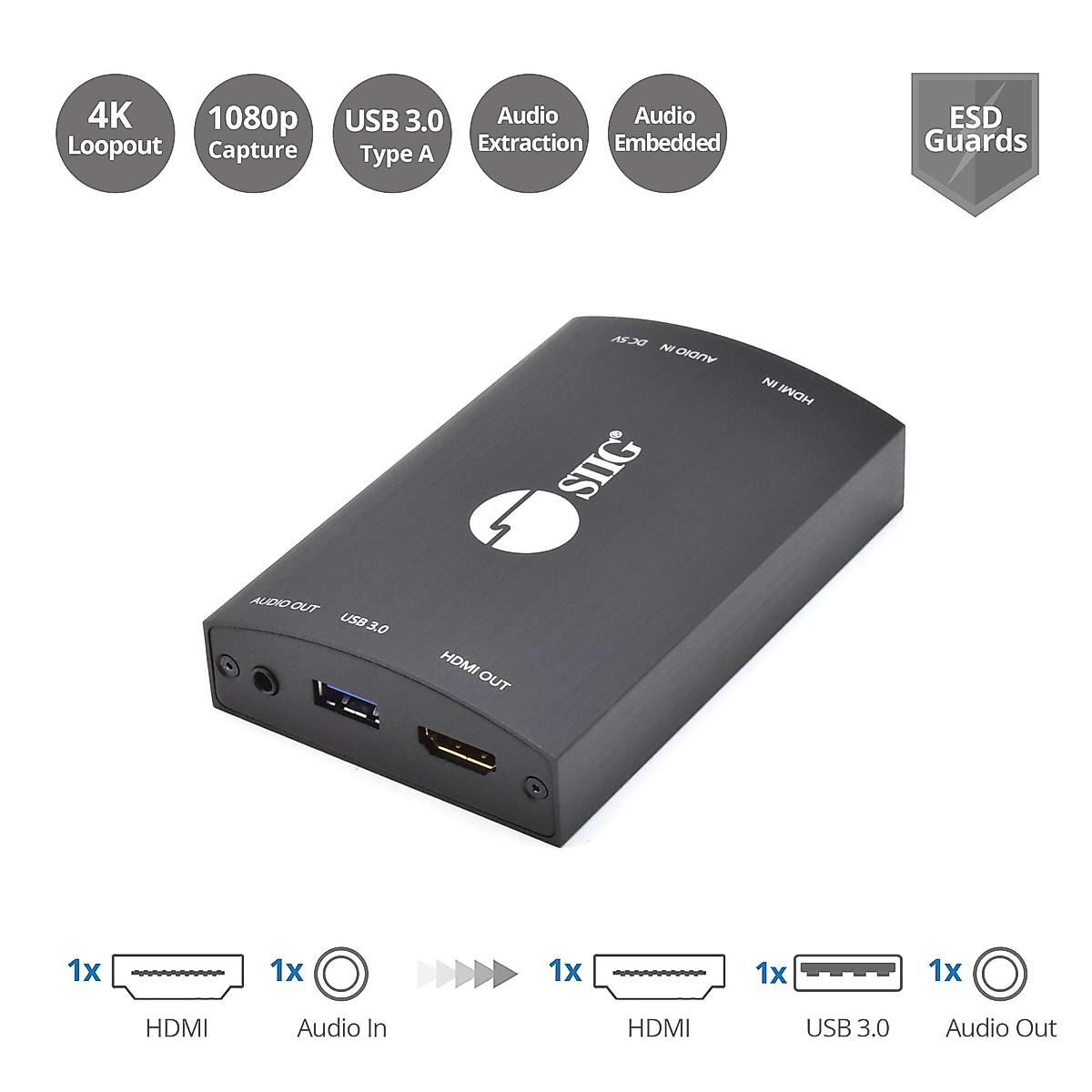 SIIG USB 3.0 HDMI A/V Capture Card with 4K60 Loop Out, HDMI 4K60 Capture USB 3.0 1080p Record,Audio Extract & Microphone,for DSLR Camcorder Live Streaming,Video Conference,TAA Compliant CE-H26H11-S1