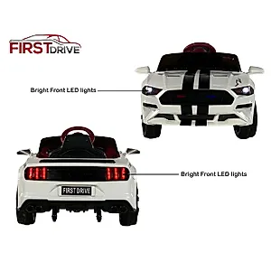 First Drive Mustang - Ride on Car - Electric Car for Kids - Kids Car with Parent Remote, MP3 Music Playback, AUX Port, Spring Suspension, LED Lights, Rear Wheel Drive, for Boys/Girls (White)