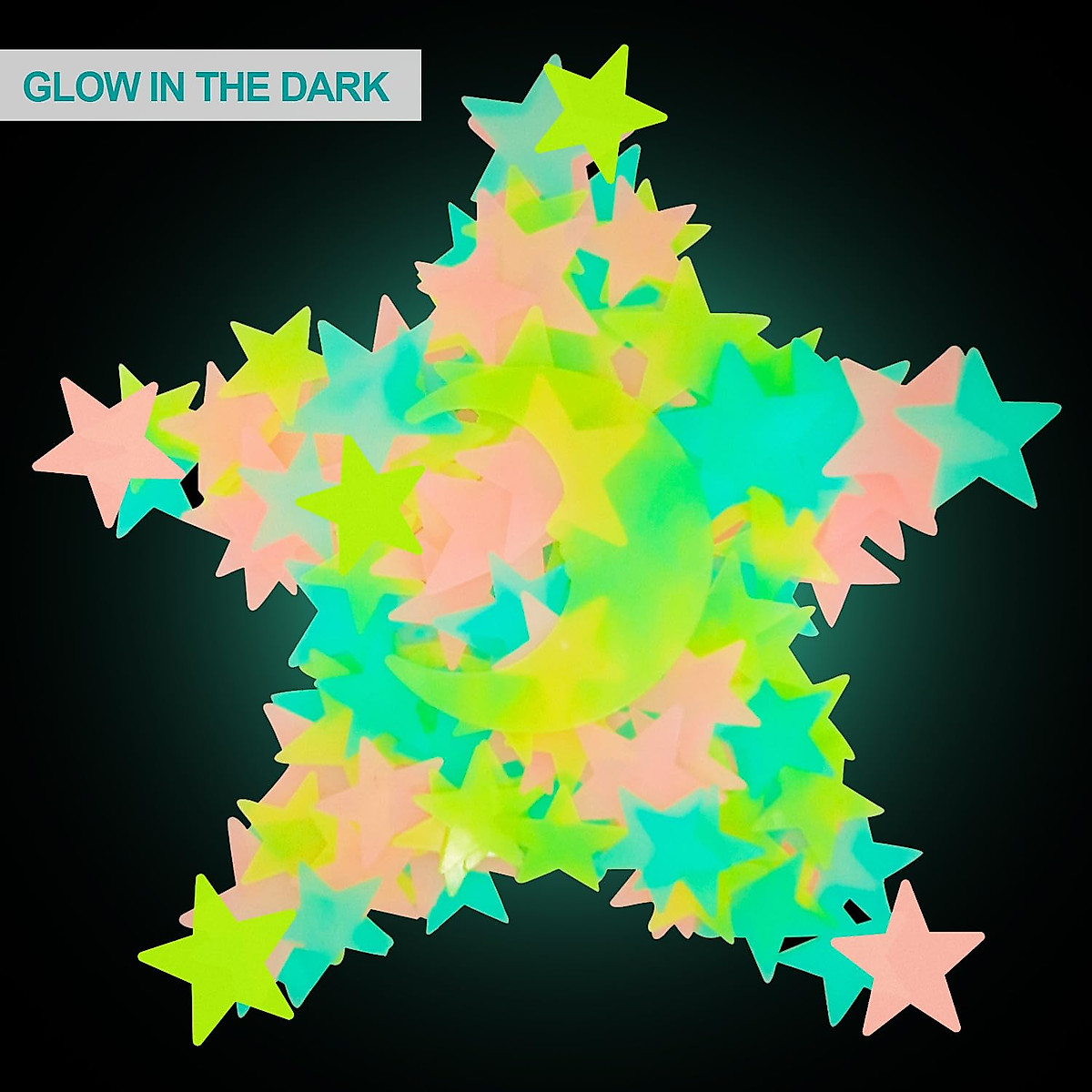 150pcs Glow in The Dark Ceiling Stars, Mixed Colour Superbright Plastic Stars Wall Decor, Removable Reusable Wall Sticker Murals Decoration for Nursery Room Decor for Children