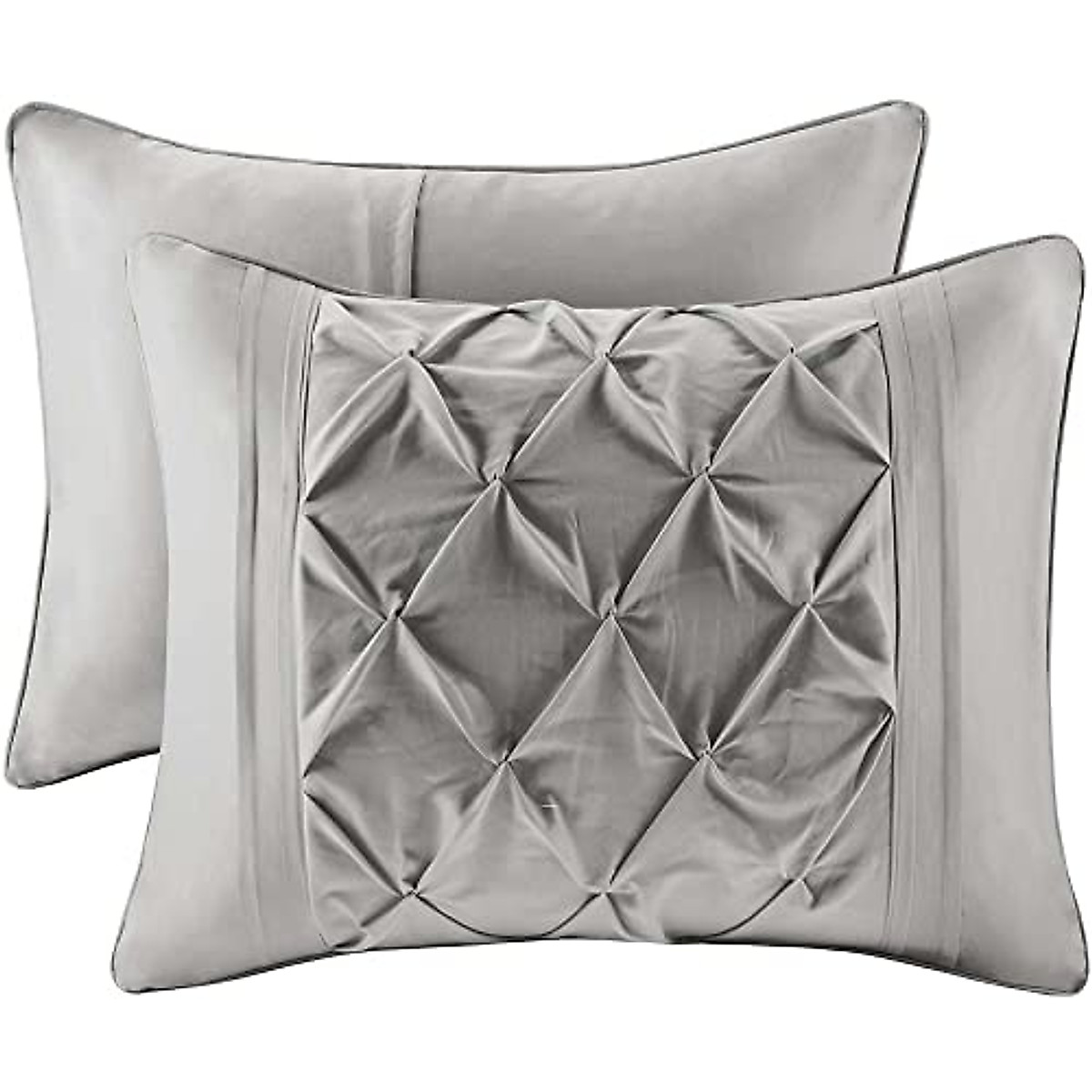 Comfort Spaces Cavoy Comforter Set - Luxe Diamond Tufting, All Season Bedding, Matching Bed Skirt, Decorative Pillows, Queen, Faux Silk Gray 5 Piece