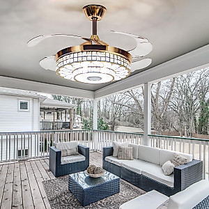 KPIBEST 42 inch Ceiling Fan with Light and Remote Control 3 Lights Levels, Modern Crystal Retractable Chandelier Fans with Bluetooth Music Speaker for Living/Dining Room Bedroom