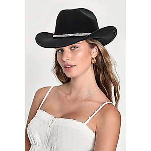 Womens Cowgirl Studded Pinched Western Cowboy Hats Wide Brim Gaucho Hat Fedoras Hat with Belt Buckle(M/L) (US, Alpha, Medium, Black-3 Diamonds)