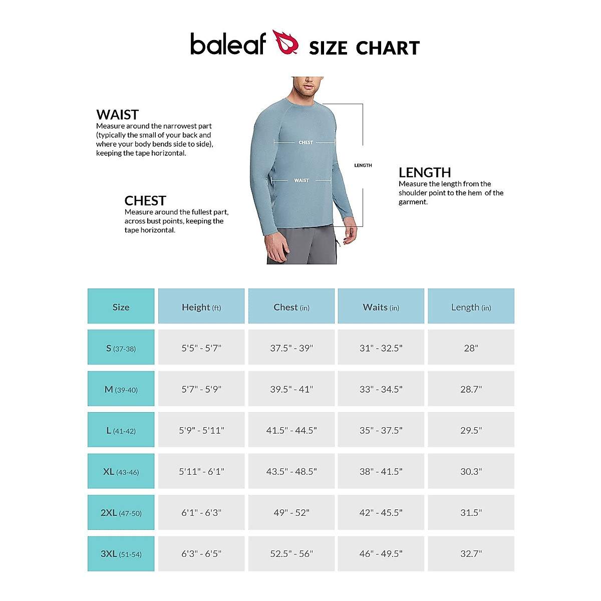 BALEAF Men's UPF 50+ Long Sleeve Shirts Soft Rash Guard Breathable Lightweight Workout Running Hiking Tops Light Blue L