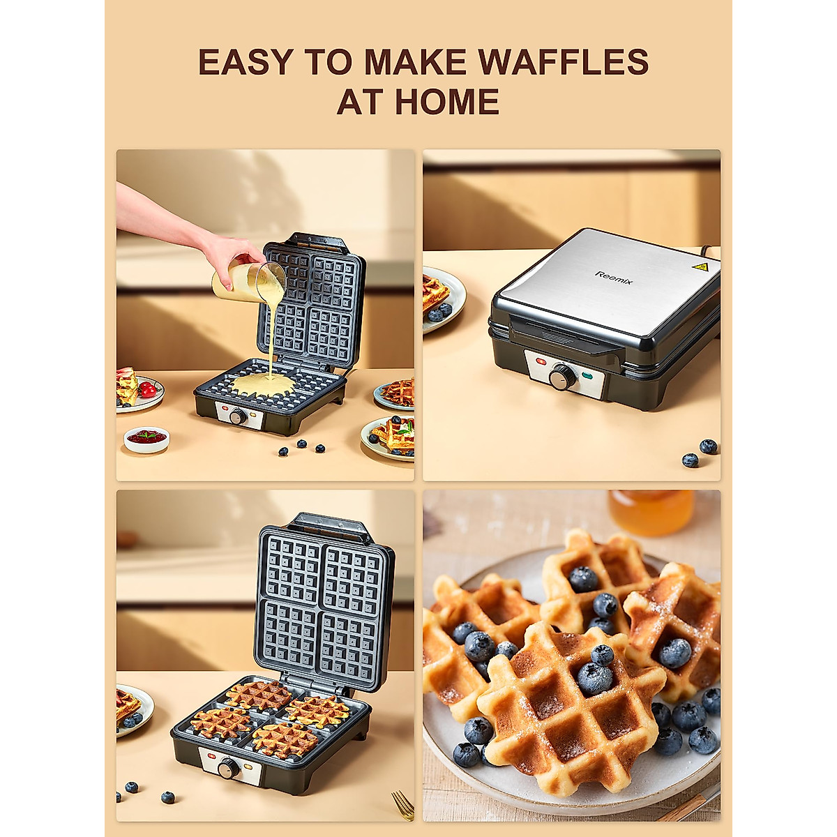 Belgian Waffle Maker 4 Slices, 1200W Waffle Iron, Anti-Overflow Waffle Iron with Browning Knob, Nonstick Plates, Indicator Lights, Silver/Black