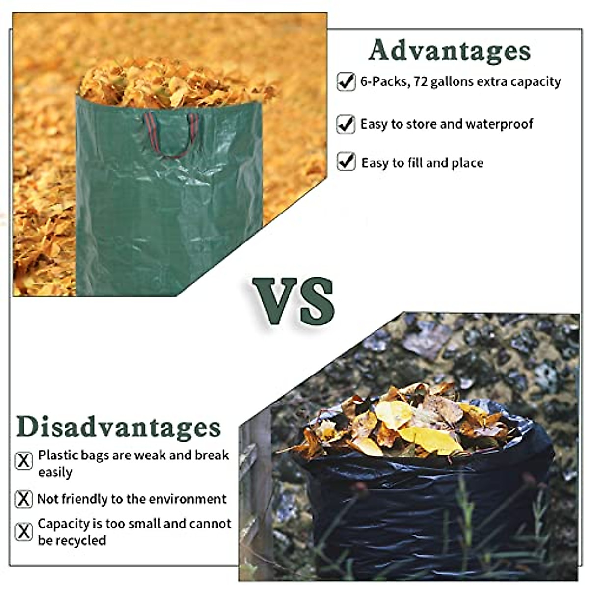 JERIA 6-Pack 72 Gallons Reusable Garden Waste Bags with 4 Handles ,Lawn Pool Garden Heavy Duty Waste Bag for Loading Leaf,Trash ,Yard Waste Bags (H30" X D26")