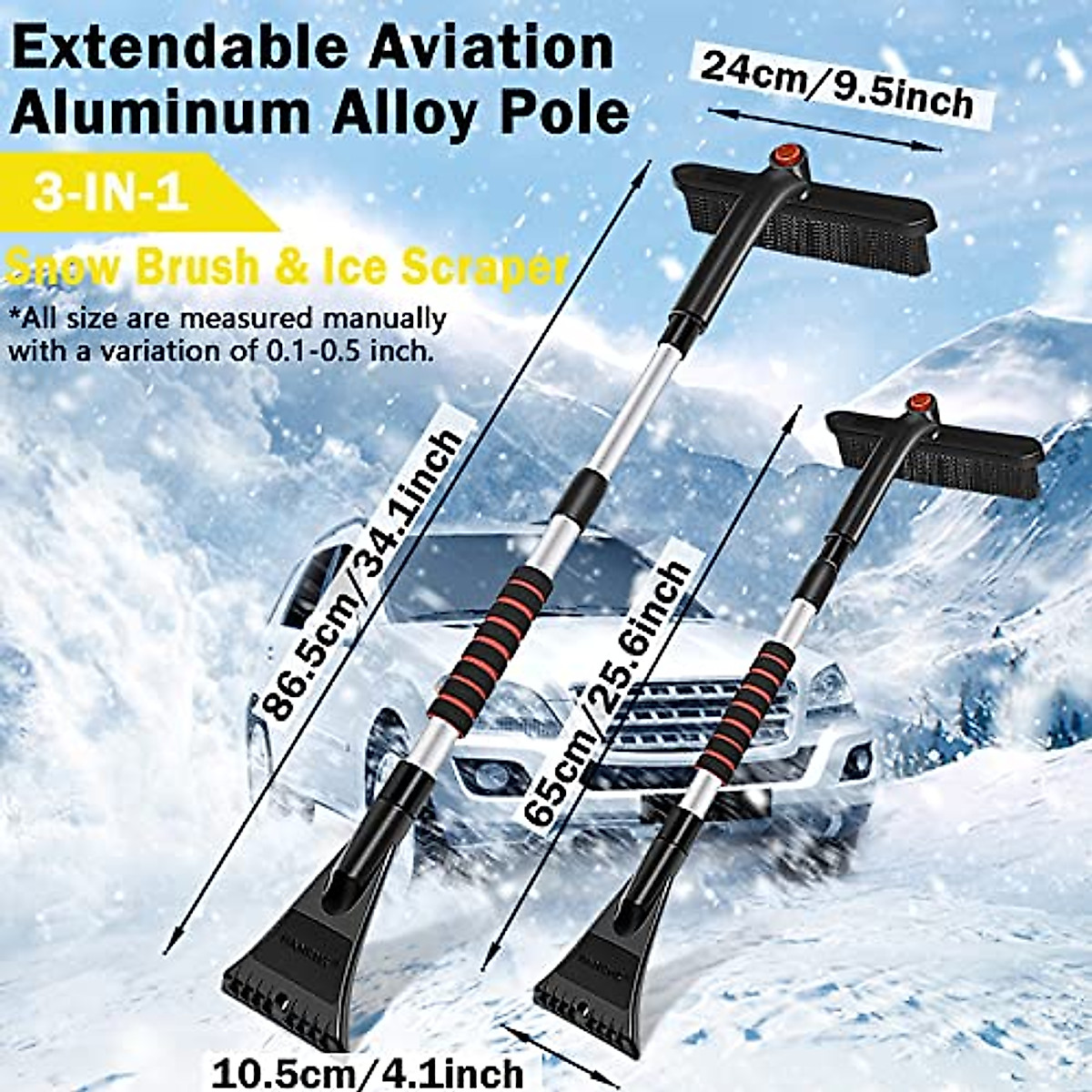 HANCHS 34" Ice Scraper with Snow Brush for Car Windshield, Extendable Snow Brush, Detachable Snow Removal Tool with Foam Handle, Suitable for Car Truck SUV