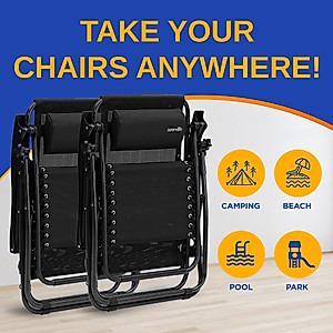 SereneLife Zero Gravity Chairs Set of 2 - Adjustable Steel Mesh Lawn Chairs - Outdoor Lounge Chairs with Detachable Cup Holder Tray - Foldable Outdoor Chair with Removable Pillows - Off Black