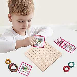 Skrtuan Wooden Geoboard with Rubber Bands, Montessori Educational Toy for Kids, Pattern Block Geo Board with Pattern Cards and Rubber Bands Create to Figures Shape STEM Puzzle Matrix Brain Teaser