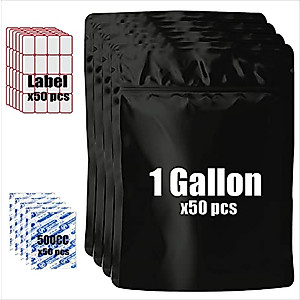 50 Matte Black MYbag Mylar Bags for Food Storage 5 Mil Thick With Oxygen Absorbers 500cc + Labels - 1 gal Mylar Bags 10"x14" Resealable Mylar Bag for Candy, Packaging Bags, Long Term Storage - Stand-up Large Mylar Ziplock Bags