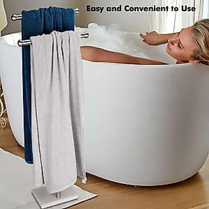 WAYDELI Standing Towel Rack Double-T Shape Tall Bath Towel Sheet Holder with Marble Design Base for Bathroom 2 Tier Towel Holder Stand Stainless Steel (Brushed Nickel)