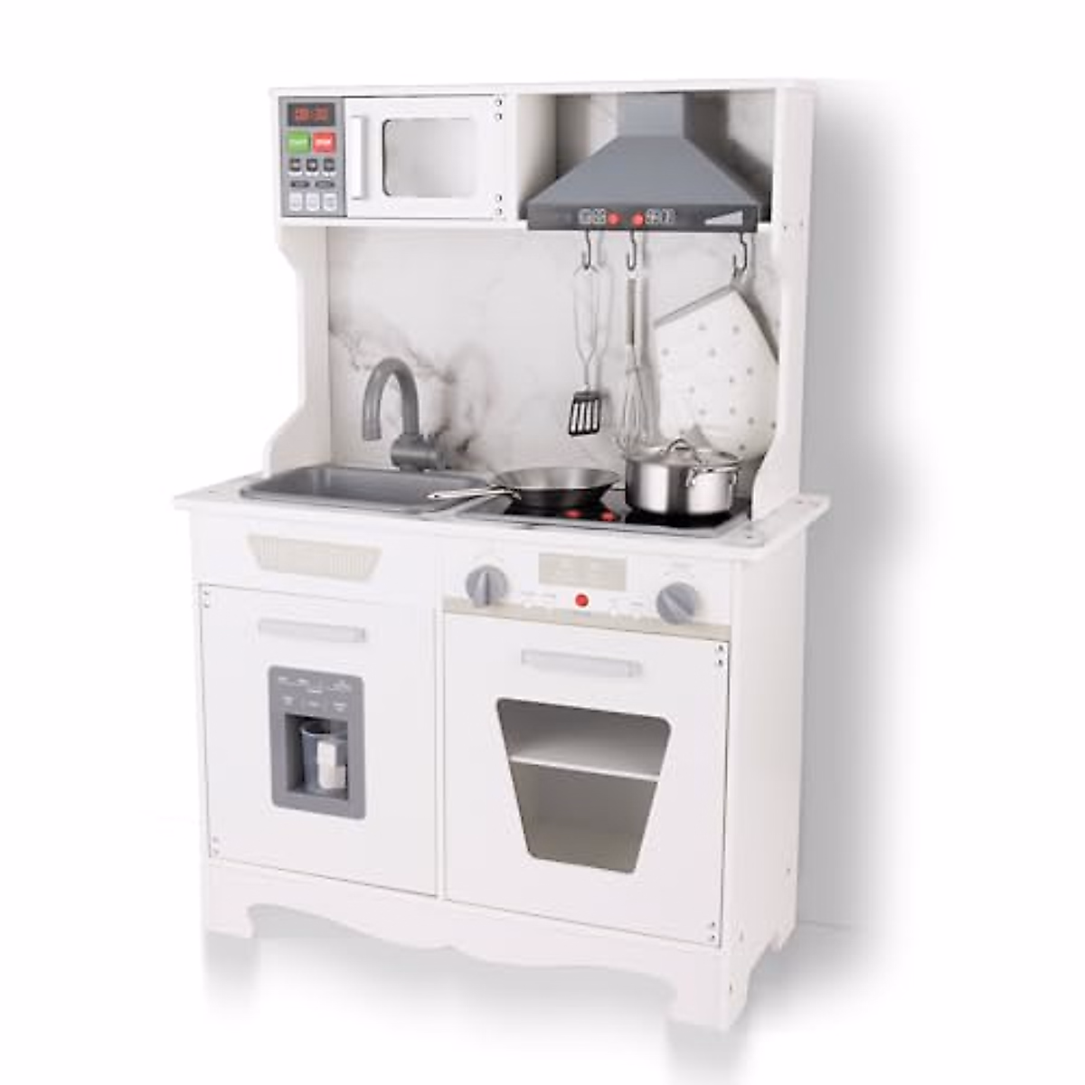 Wooden Play Kitchen Set for Kids, Toy Kitchen Playset with Real Lights and Sounds, Gift for Boys Girls Age 3+, Dimensions: 32” H x 28” W x 11” D (White)