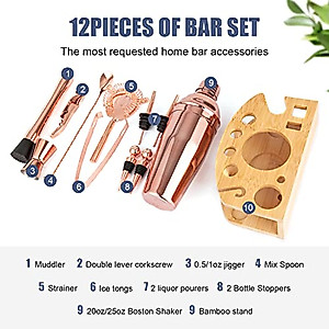 JNWINOG Cocktail Shaker Set,12Pcs-Shakers Bartending with 25oz Martini Shaker and Bamboo Stand, Cocktail Mix Drink Making Kit Professional for Bartender(Rose Copper)