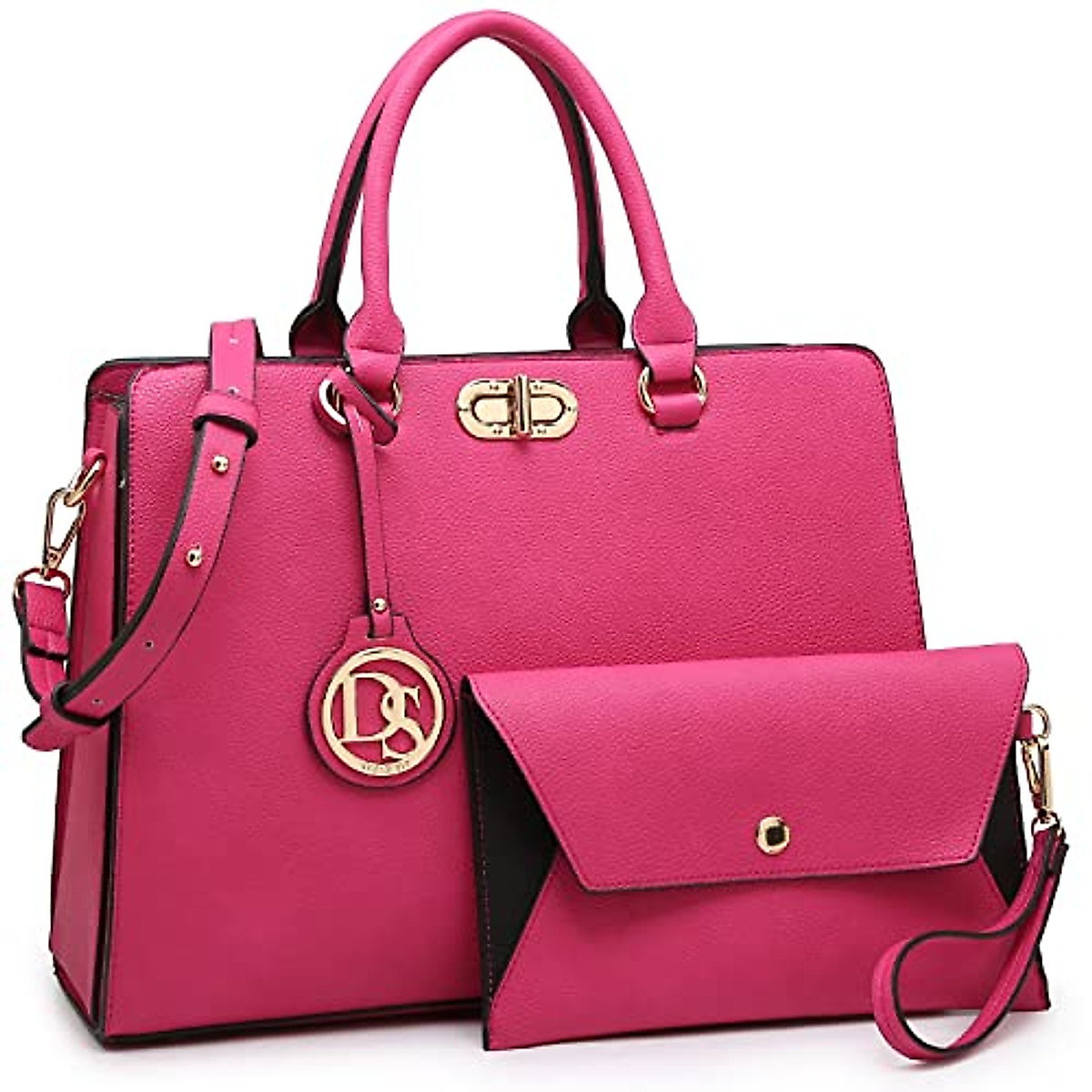 Dasein Women Handbags Fashion Satchel Purses Top Handle Tote Work Bags Shoulder Bags with Matching Clutch 2pcs Set (Peppled Fuchsia)