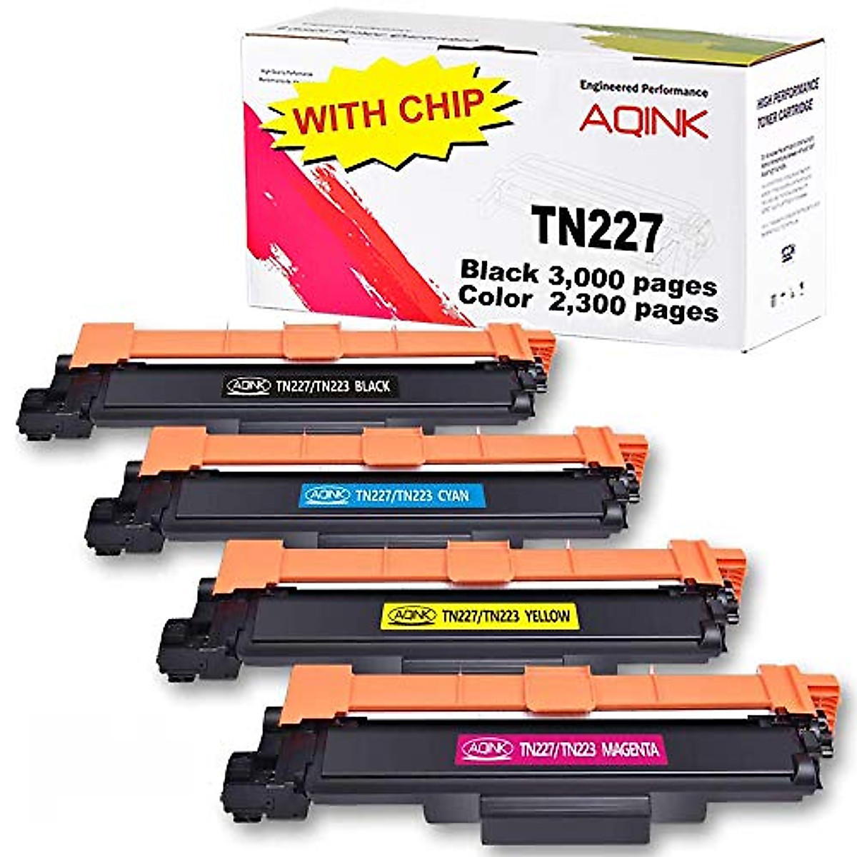 AQINK (with CHIP) Compatible Toner Cartridge Replacement for Brother TN-227 TN227 TN223 for Use in Brother MFC-L3750CDW HL-L3290CDW HL-L3210CW MFC-L3710CW MFC-L3770CDW HL-L3230CDW (BCMY,4-Pack)