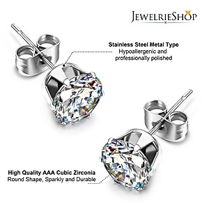 JewelrieShop Stud Earrings Surgical Steel Earrings for Sensitive Ears Hypoallergenic Cubic Zirconia Stud Earrings Pack for Women (6 Pairs, White CZ, Silver Post, 3-8mm, 6 Prong)