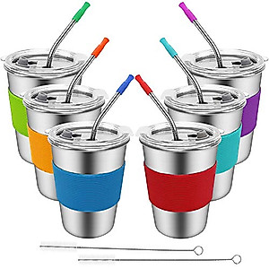 Stainless Steel Kids Cups, 6 Pack 12oz Spill Proof Kids Tumbler with Lid and Straw, Unbreakable Baby Water Drinking Glasses, Reusable BPA-Free Metal Smoothie Sippy Mug for Toddler Child Adult Outdoor