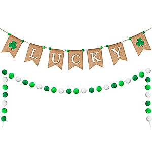 WATINC 2PCS St. Patrick's Day Burlap Banner Felt Ball Garland Set, Shamrock Bunting Pom Pom Garlands Decoration, Lucky Clover Hanging Decor for Saint Patty’s Day Party Mantle Fireplace Home Wall
