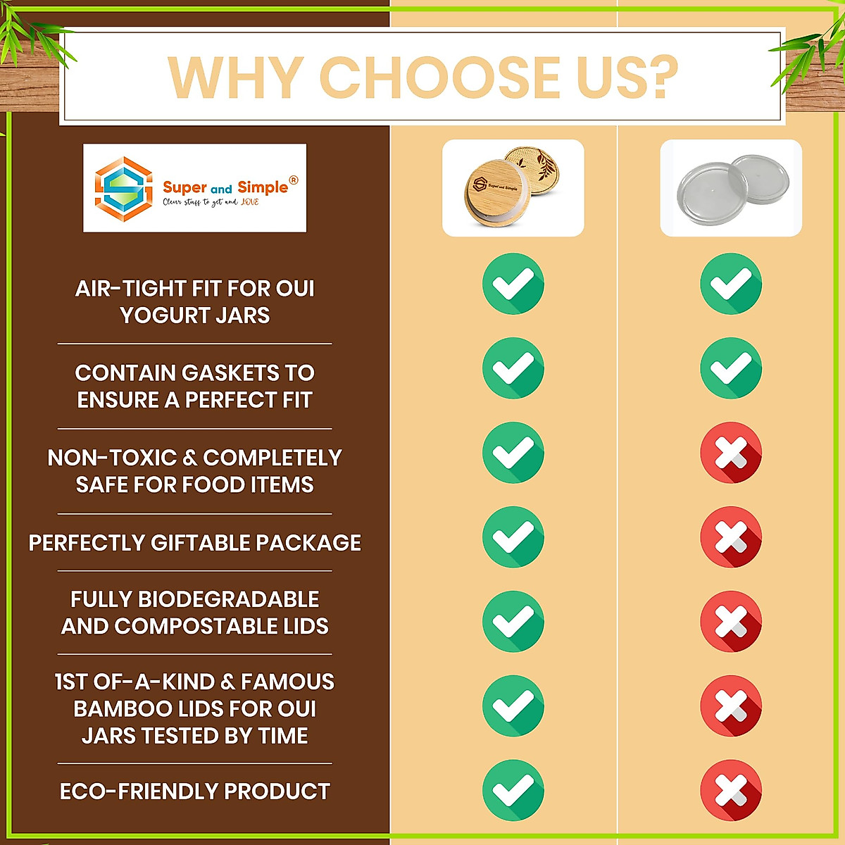 4 Oui Yogurt Jar Lids With Beautiful Olive Branches Pattern. Made of Bamboo Wood with Food Grade Silicone Sealing Ring. Durable, Food-Safe, Airtight Fit. Oui Yogurt Jar Lids for Regular or Petite Jars