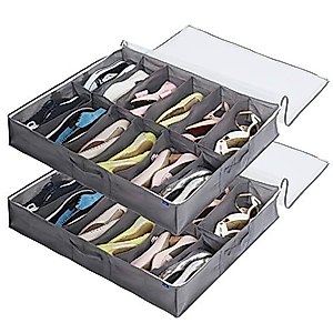 Surblue Under Bed Shoe Storage Organizer Underbed Shoes Closet Storage Solution 2 Metal zippers and 3 Handles with Clear Cover for Men's and Women's Shoes Fits 24 Pairs of Shoes， Set of 2, Grey