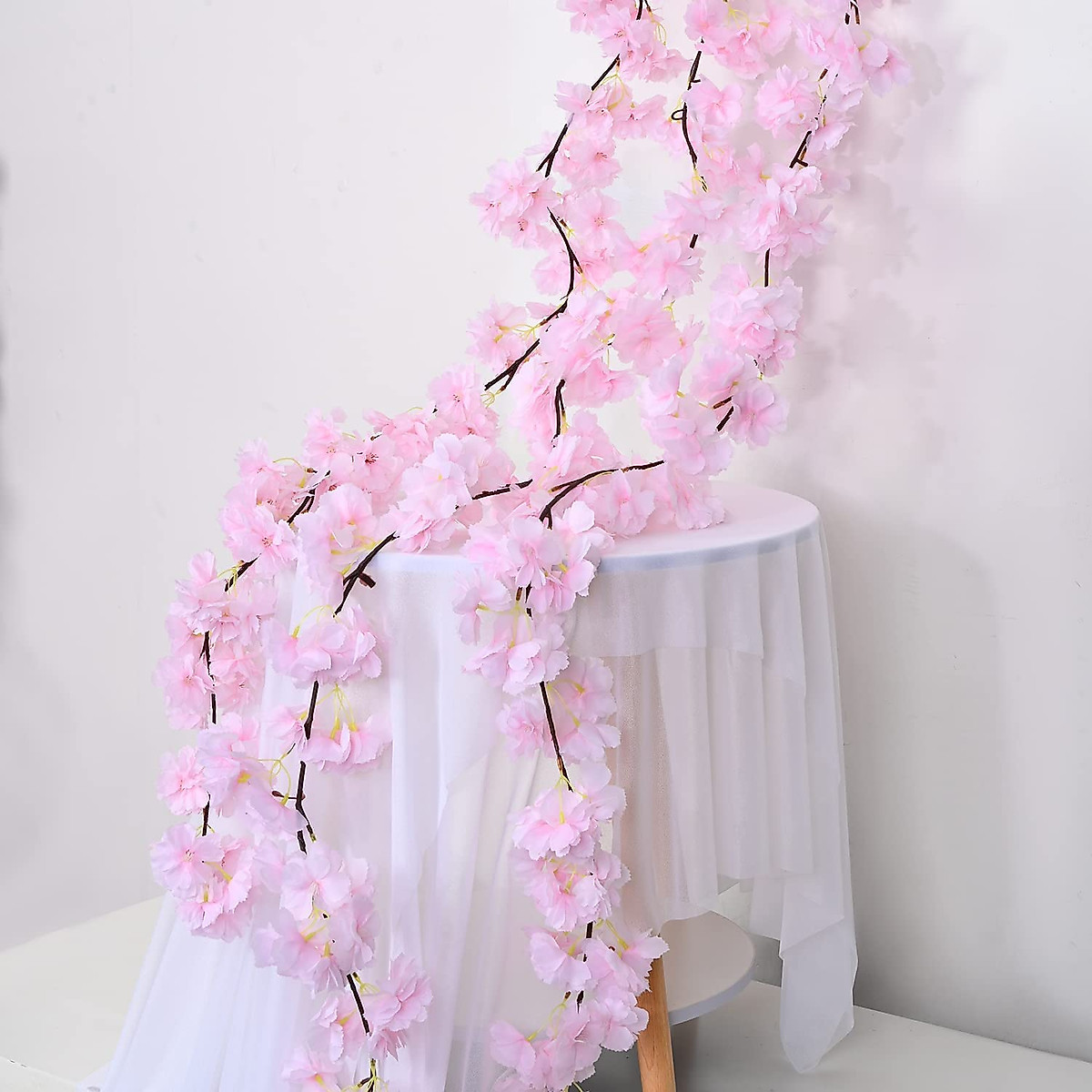 LIVILAN Cherry Blossom Garland Artificial Cherry Blossom Vines 2pcs Flower Garland Spring Garland Pink Floral Garland Hanging Vines Wedding Garden Arch Wall Home Party Cherry Blossom Decor