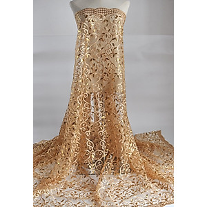 SanVera17 African Lace Net Fabrics Nigerian French Fabric Embroidered and Sequins Leaves for Party Wedding 5 Yards (Gold)