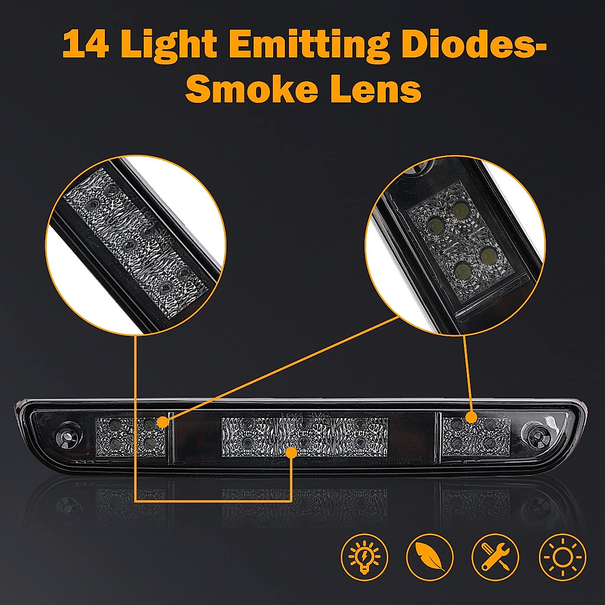 KanSmart 3rd Brake Light LED for 1992-1997 Ford F150 F250 F350 Bronco - Smoked Lens, High Mount, Reliable Performance, Foam Padded Back, 2-Year Warranty