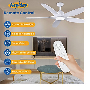 Newday 60" White Ceiling Fans with Light and Remote, Modern, Noiseless Reversible DC Motor, Large Indoor, Kitchen, Bedroom, Living Room