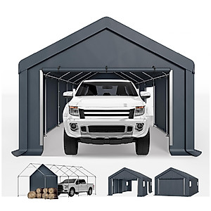 Sophia & William Carport Portable Shed Shelter 13 x 24 ft, Motorcycle Storage Tent Sheds Shelter Garage with Roll Up Doors, Outdoor Storage Shed Tarp Heavy Duty for Bike Garden Storage, Grey