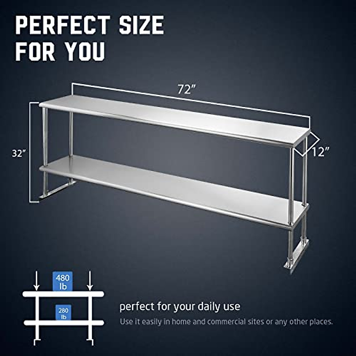 Profeeshaw Stainless Steel Overshelf for Prep & Work Table 12” x 72” NSF Commercial Adjustable Double Shelf 2 Tier for Restaurant, Bar, Utility Room, Kitchen and Garage