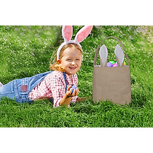 Easter Egg Hunt Basket Bag - Bunny Rabbit Ear Design - Reusable Grocery Shopping Baskets - Kids Party Gift Bags - Baby Shower & Book Storage by Jolly Jon (Burlap/White Ears)