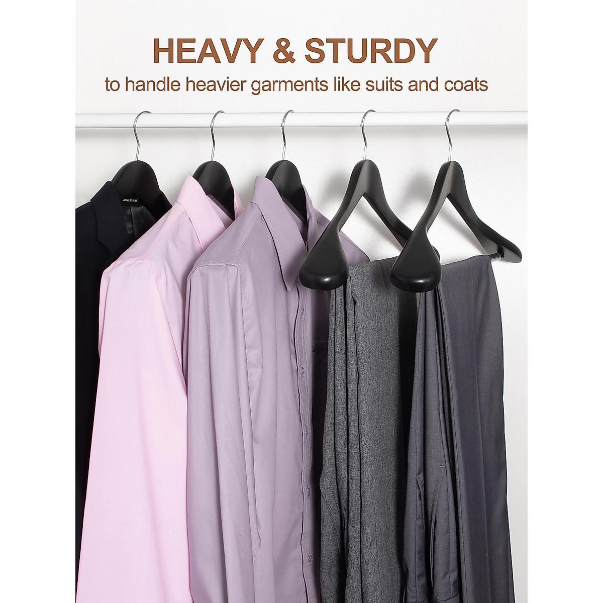 HOUSE DAY High-Grade Suit Hangers, Wide Shoulder Wooden Hangers with Non Slip Pants Bar, Smooth Finish 360° Swivel Hook Solid Wood Coat Hangers for Dress, Jacket, Heavy Clothes Hanger 6 Pack (Black)