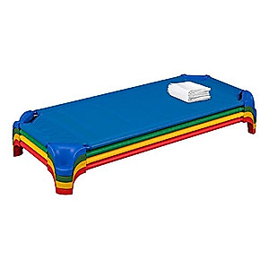 Sprogs Deluxe Heavy-Duty Childrens Standard 52"L Stackable Daycare Cot with Easy Lift Corners Cots for Preschool Kids Sleeping, Resting, and Naptime, SPG-16138-AS, Blue, Green, Red, Yellow (Pack of 4)