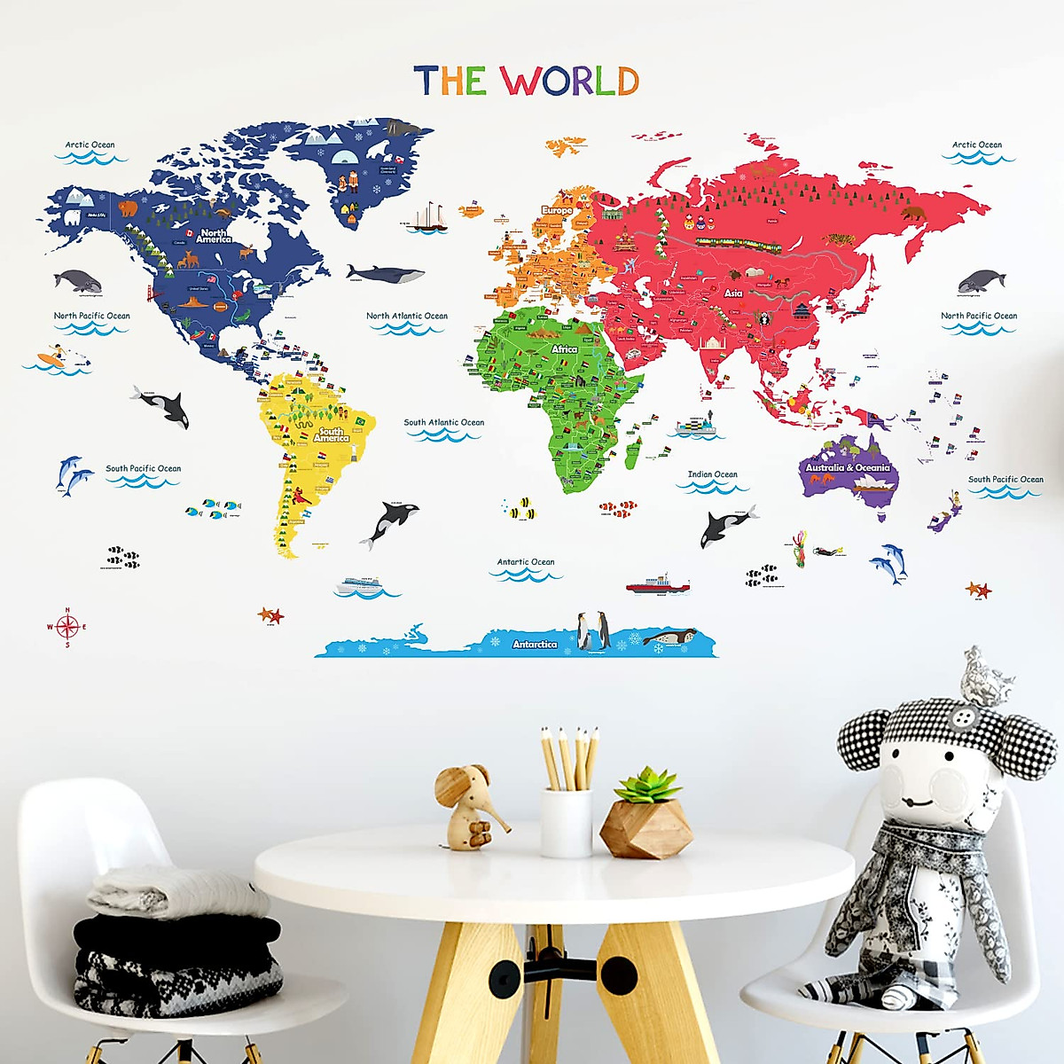 BASHOM BS-115 Large Animal Landmarks World Map Wall Decals Educational Stickers for Kids Nursery Bedroom Living Room Classroom Peel Stick Removable Poster mapa Mundi para pared Art
